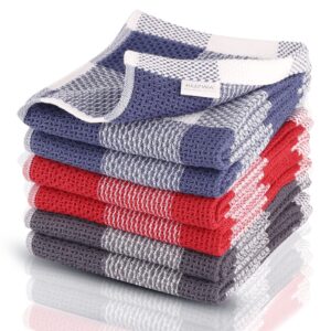 100% pure cotton kitchen dish cloths 6 packs 13"x28",kitchen towels with waffle weave check plaid design,soft super absorbent dish towels,nonstick oil washable fast drying,multipurpose cleaning cloth