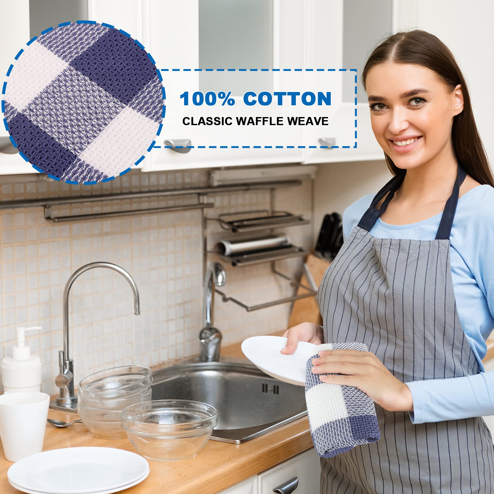 100% Pure Cotton Kitchen Dish Cloths 6 Packs 13"x28",Kitchen Towels with Waffle Weave Check Plaid Design,Soft Super Absorbent Dish Towels,Nonstick Oil Washable Fast Drying,Multipurpose Cleaning cloth