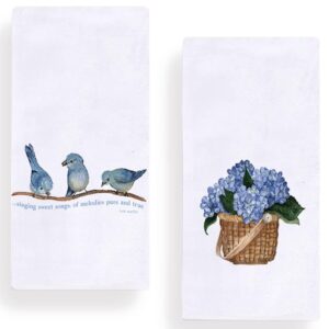 blue birds flower kitchen dish towel 18 x 28 inch set of 2, seasonal spring summer hydrangea tea towels dish cloth for cooking baking