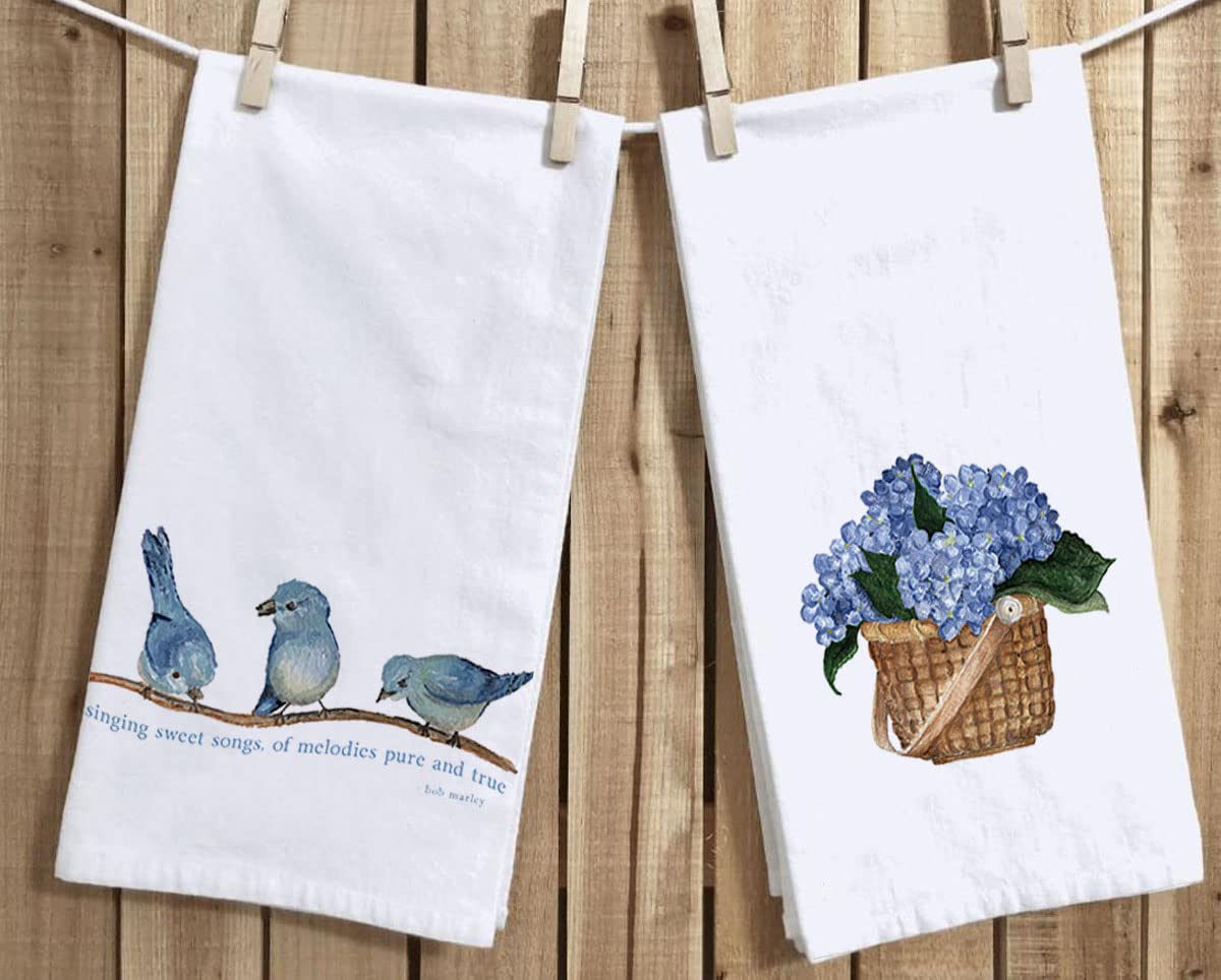 Blue Birds Flower Kitchen Dish Towel 18 x 28 Inch Set of 2, Seasonal Spring Summer Hydrangea Tea Towels Dish Cloth for Cooking Baking