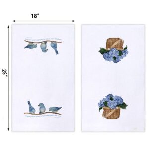 Blue Birds Flower Kitchen Dish Towel 18 x 28 Inch Set of 2, Seasonal Spring Summer Hydrangea Tea Towels Dish Cloth for Cooking Baking