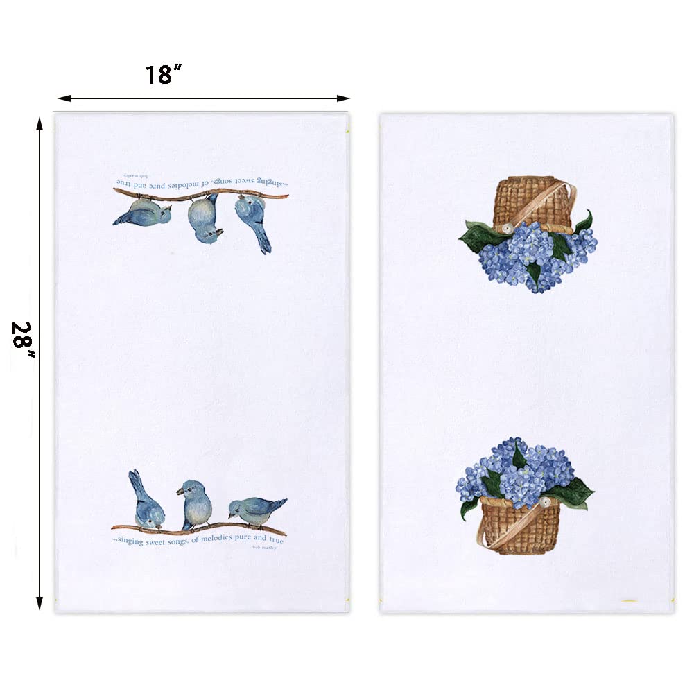 Blue Birds Flower Kitchen Dish Towel 18 x 28 Inch Set of 2, Seasonal Spring Summer Hydrangea Tea Towels Dish Cloth for Cooking Baking