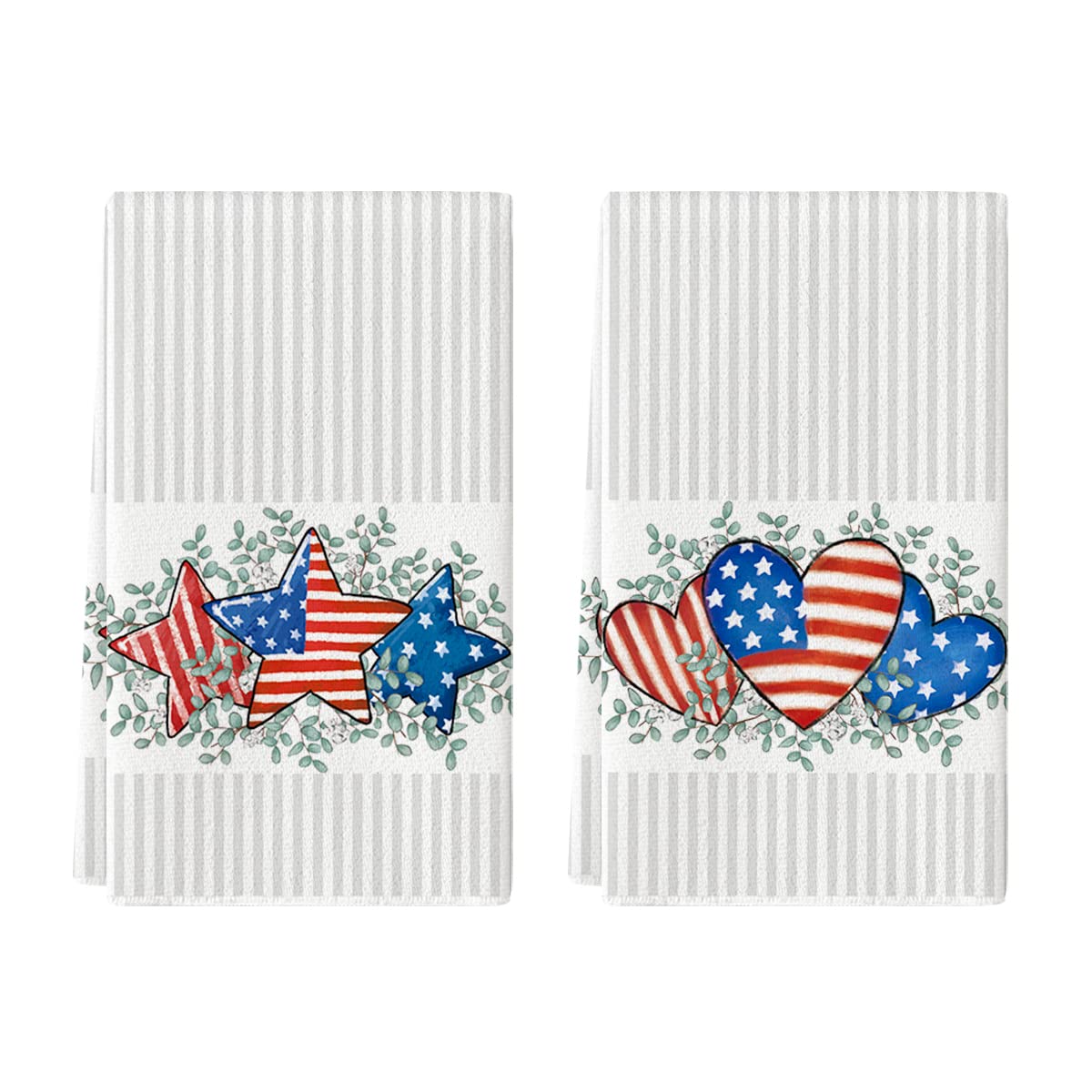 Artoid Mode Stripes Eucalyptus Leaves American Flag Stars Heart Veterans Day Kitchen Towels Dish Towels, 18x26 Inch Decoration Hand Towels Set of 2