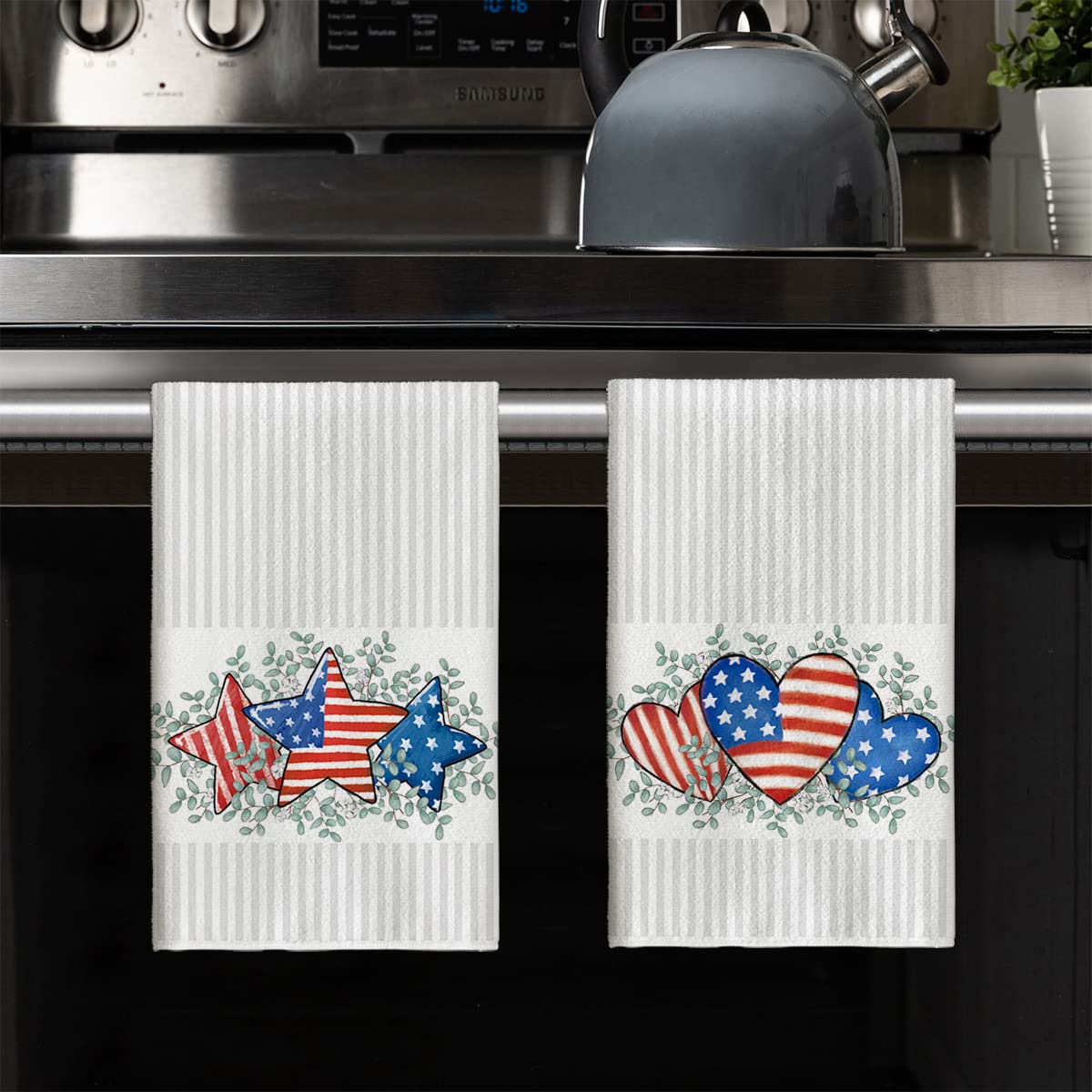 Artoid Mode Stripes Eucalyptus Leaves American Flag Stars Heart Veterans Day Kitchen Towels Dish Towels, 18x26 Inch Decoration Hand Towels Set of 2