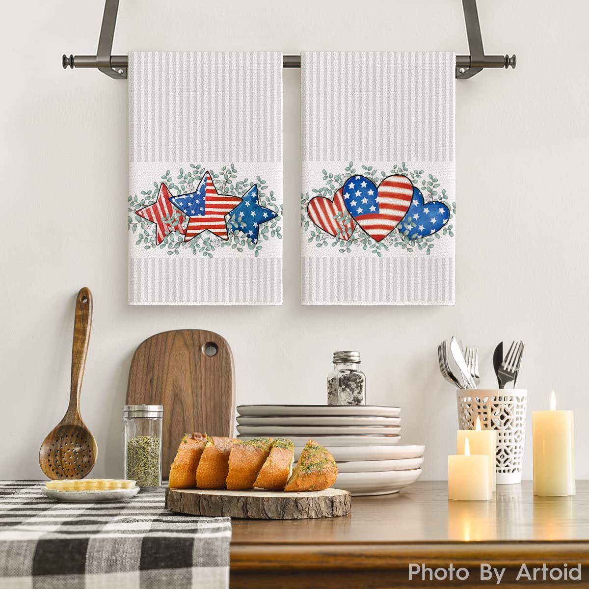 Artoid Mode Stripes Eucalyptus Leaves American Flag Stars Heart Veterans Day Kitchen Towels Dish Towels, 18x26 Inch Decoration Hand Towels Set of 2