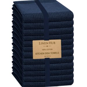 linen hub 12 pack kitchen dish towels 100% cotton 16x26 absorbent durable washable, tea towels, dish cloths, bar towels, cleaning towels, kitchen towels with hanging loop, navy blue