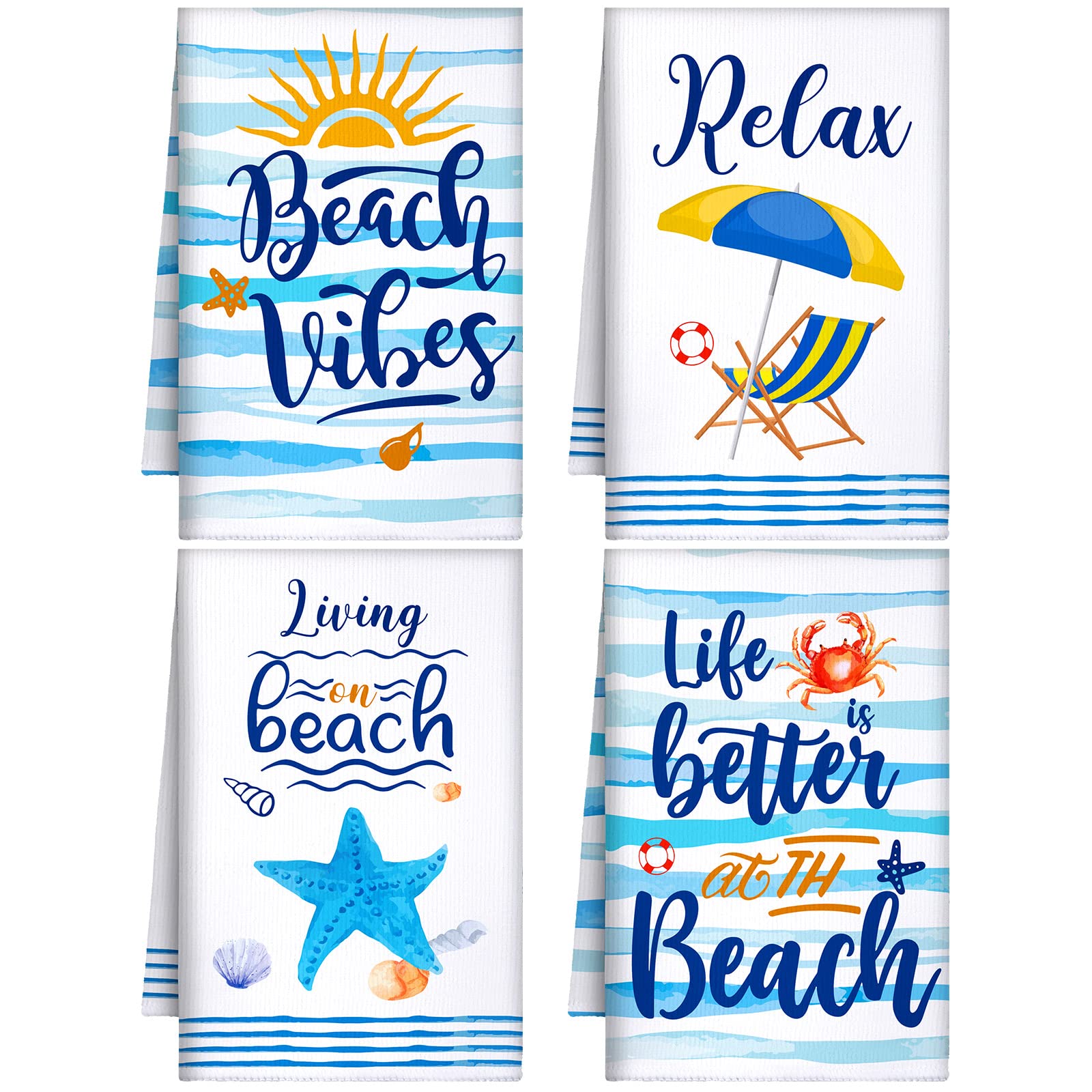 4 Pieces Beach Kitchen Towels Beach Holiday Dishcloths Fast Drying Absorbent Baking Dish Towels Blue Coastal Kitchen Towels for Daily Kitchen Home Cleaning Housewarming Gifts, 16 x 24 Inches