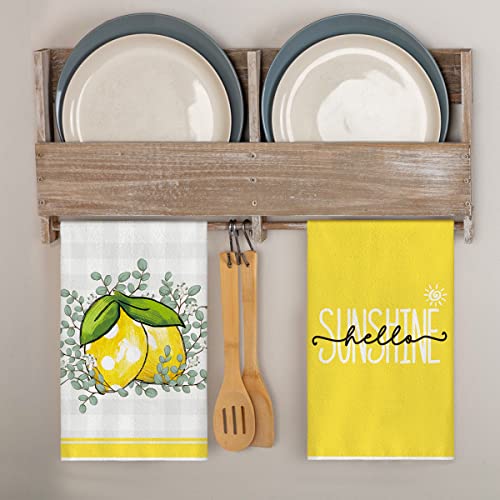 Artoid Mode Eucalyptus Leaves Lemons Summer Kitchen Towels Dish Towels, 18x26 Inch Hello Sunshine Holiday Decoration Hand Towels Set of 2