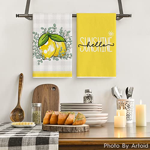 Artoid Mode Eucalyptus Leaves Lemons Summer Kitchen Towels Dish Towels, 18x26 Inch Hello Sunshine Holiday Decoration Hand Towels Set of 2