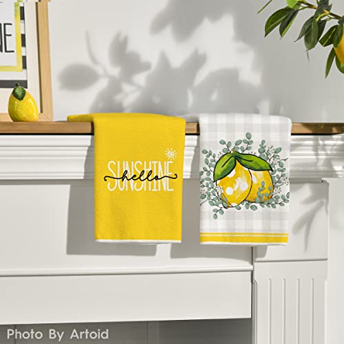 Artoid Mode Eucalyptus Leaves Lemons Summer Kitchen Towels Dish Towels, 18x26 Inch Hello Sunshine Holiday Decoration Hand Towels Set of 2