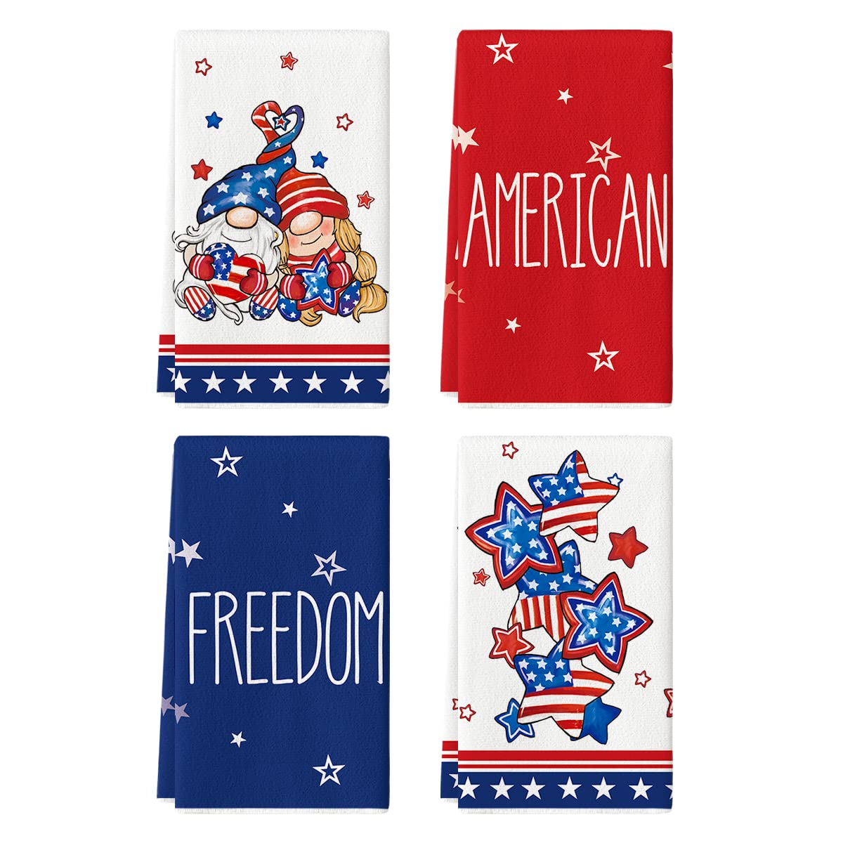 Artoid Mode American Freedom Stripes Stars Gnomes 4th of July Kitchen Towels Dish Towels, 18x26 Inch Seasonal Patriotic Liberty Decor Hand Towels Set of 4