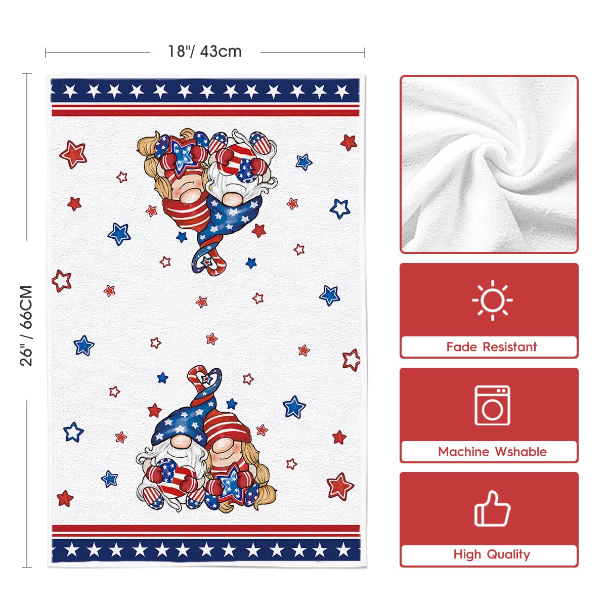 Artoid Mode American Freedom Stripes Stars Gnomes 4th of July Kitchen Towels Dish Towels, 18x26 Inch Seasonal Patriotic Liberty Decor Hand Towels Set of 4