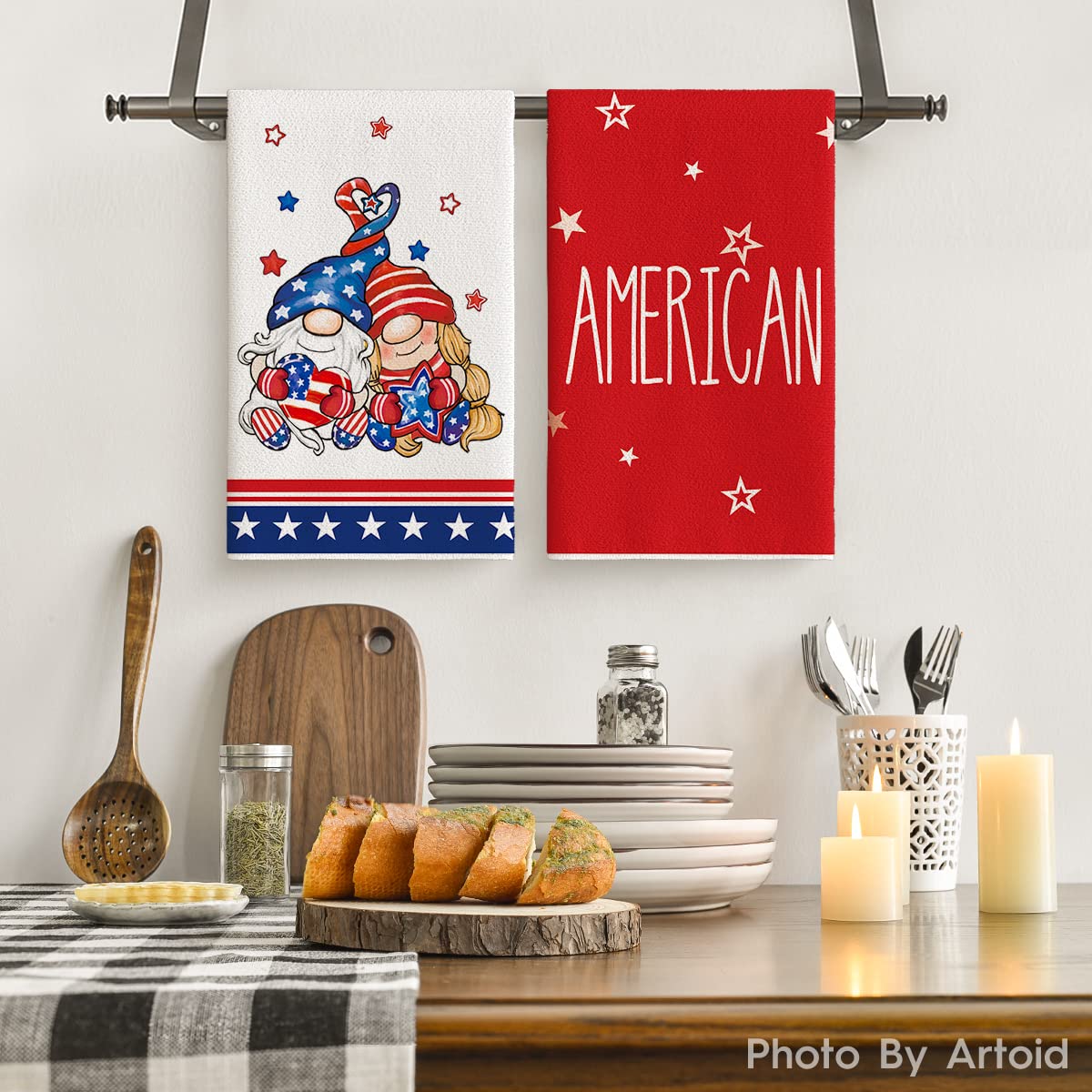 Artoid Mode American Freedom Stripes Stars Gnomes 4th of July Kitchen Towels Dish Towels, 18x26 Inch Seasonal Patriotic Liberty Decor Hand Towels Set of 4