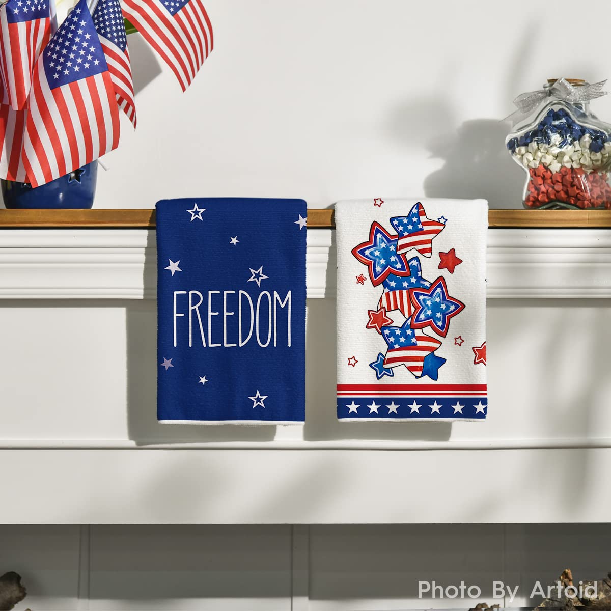 Artoid Mode American Freedom Stripes Stars Gnomes 4th of July Kitchen Towels Dish Towels, 18x26 Inch Seasonal Patriotic Liberty Decor Hand Towels Set of 4