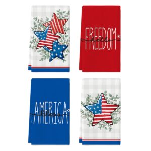 artoid mode buffalo plaid american flag stars 4th of july kitchen towels dish towels, 18x26 inch eucalyptus leaves patriotic liberty decor hand towels set of 4