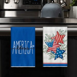 Artoid Mode Buffalo Plaid American Flag Stars 4th of July Kitchen Towels Dish Towels, 18x26 Inch Eucalyptus Leaves Patriotic Liberty Decor Hand Towels Set of 4