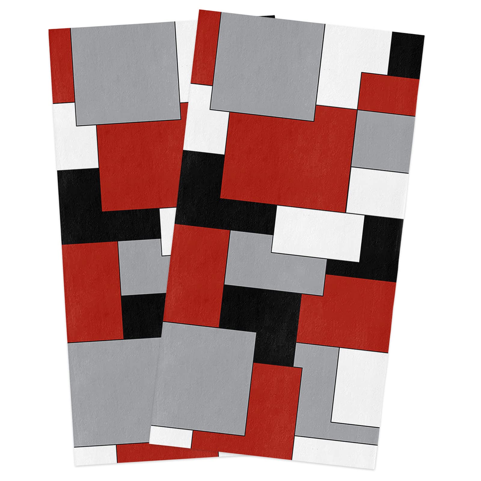 Zadaling Geo Kitchen Towels,White Grey Black Red Abstract Irregular Geometric 16x28 Inches Soft Kitchen Dish Cloth,Cotton Tea Towels/Bar Towels/Hand Towels,(2 Pack)