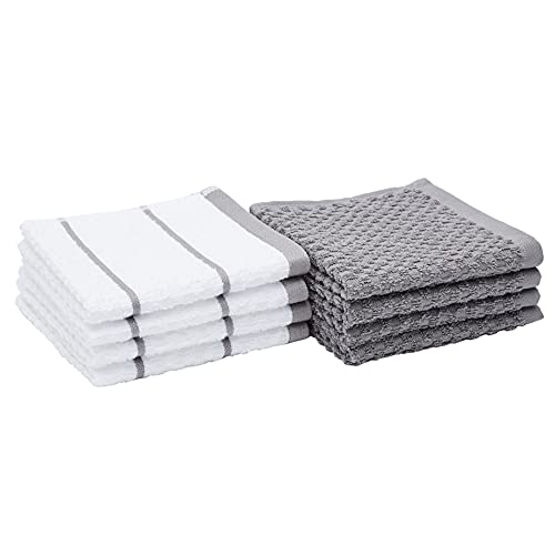 Amazon Basics 100% Cotton Terry Popcorn Texture Kitchen Cloth, 8-Pack, Grey Stripe, 12"L x 12"W