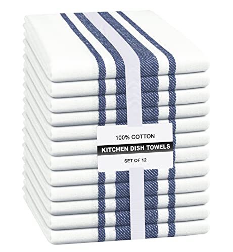 Linen Hub Set of 12 Kitchen Dish Towels Cotton 15x25 Absorbent Durable Washable, Tea Towels, Dish Cloths, Bar Towels, Cleaning Towels, Kitchen Towels with Hanging Loop, Blue White