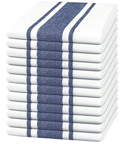 Linen Hub Set of 12 Kitchen Dish Towels Cotton 15x25 Absorbent Durable Washable, Tea Towels, Dish Cloths, Bar Towels, Cleaning Towels, Kitchen Towels with Hanging Loop, Blue White