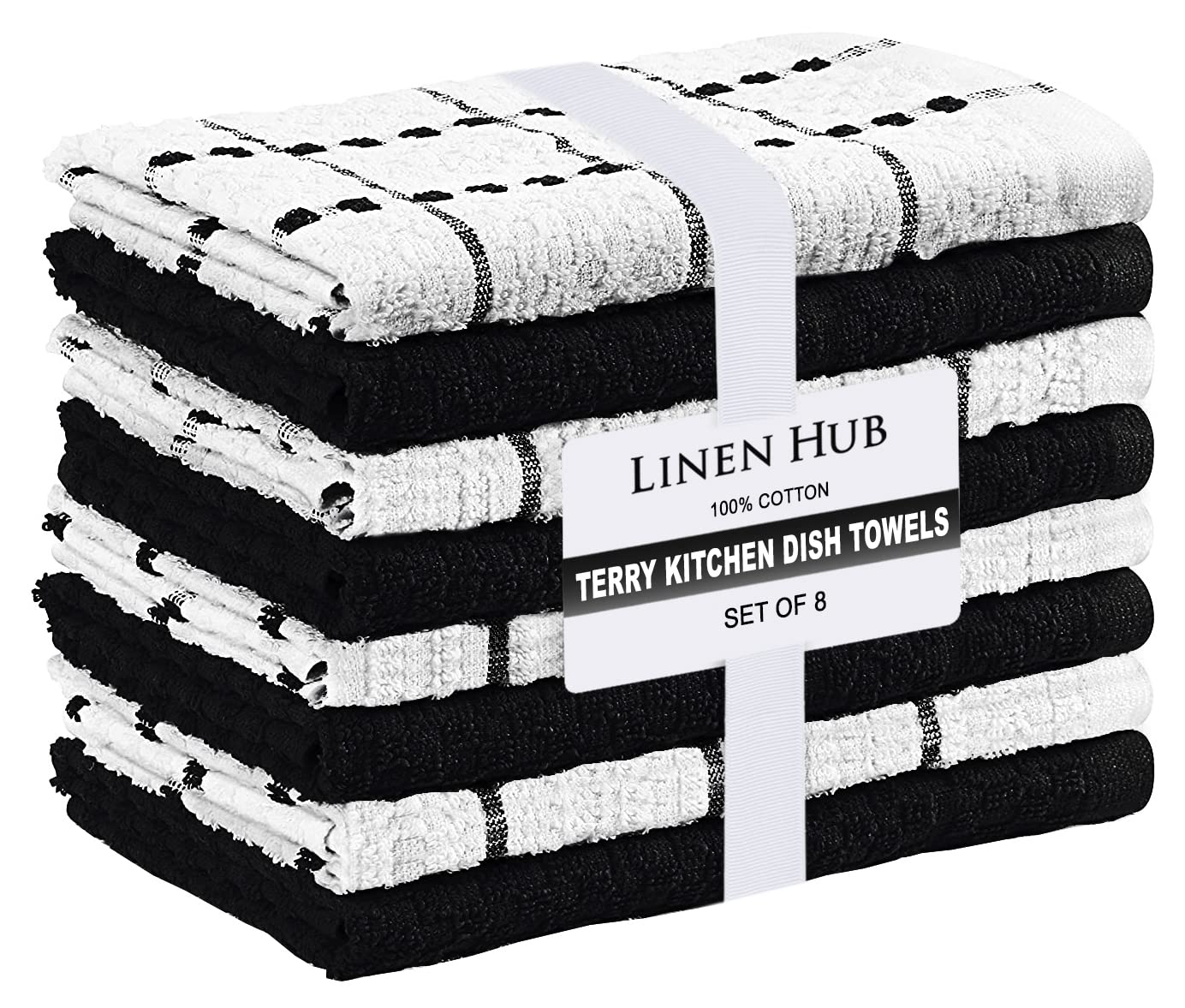 Linen Hub Terry Kitchen Dish Towels for Drying Dishes Set of 8, Soft Absorbent Tea Towel, Farmhouse Kitchen Towels with Hanging Loop, 100% Cotton Kitchen Towels for Easter, Christmas 15x25 Black White