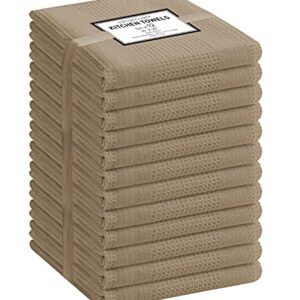 Cotton Clinic Premium Waffle Kitchen Towels 12 Pack – Soft Absorbent Quick Drying Table and Kitchen Linen - Dish Towels, Dish Cloths, Tea Towels and Cleaning Towels with Hanging Loop – 16x28 / Beige