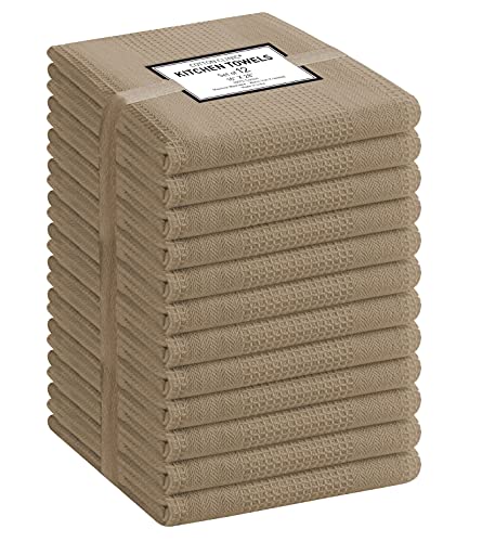 Cotton Clinic Premium Waffle Kitchen Towels 12 Pack – Soft Absorbent Quick Drying Table and Kitchen Linen - Dish Towels, Dish Cloths, Tea Towels and Cleaning Towels with Hanging Loop – 16x28 / Beige