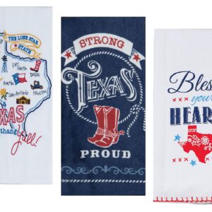 3 Texas Themed Decorative Cotton Kitchen Towels Set with White, Blue and Red Print | 2 Flour Sack and 1 Terry Towel for Dish and Hand Drying | By Kay Dee Designs