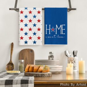 Artoid Mode Blue Stars Home Sweet Home Patriotic 4th of July Kitchen Towels Dish Towels, Memorial Day 18x26 Inch Seasonal Decoration Hand Towels Set of 2