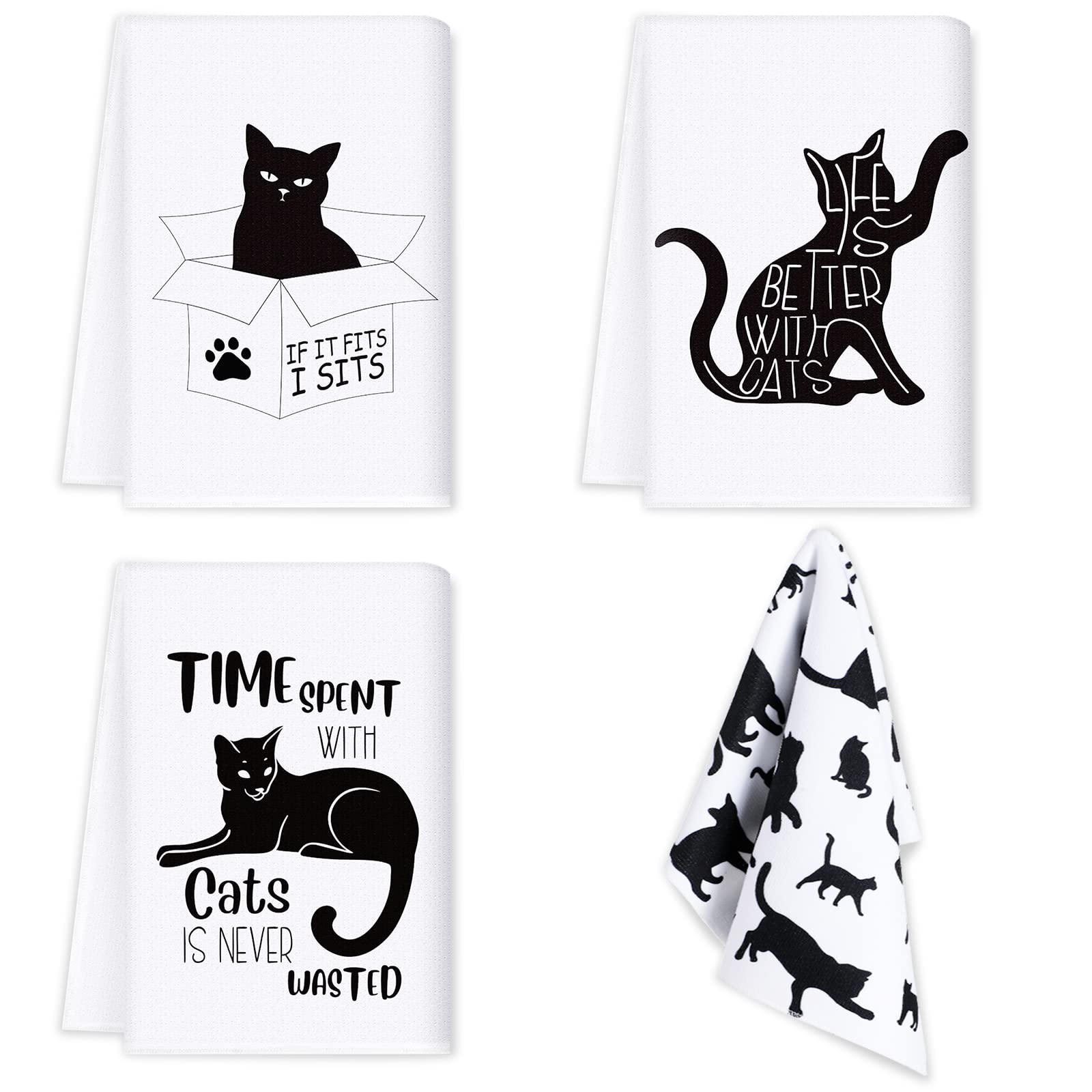 Vesici 4 Pieces Funny Cat Kitchen Towels Cute Cat Theme Dish Towels Set Absorbent Kitchen Tea Towels Farmhouse Decorative Hand Towels for Housewarming, Birthday, Christmas Towels, Pet Lover Fun Gift