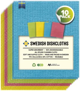 swedish dish cloths - 10 pack absorbent, reusable, & washable hand wash cloths for kitchen, dishwashing - cellulose sponge dishcloth towels - eco-friendly cleaning paper towel alternative