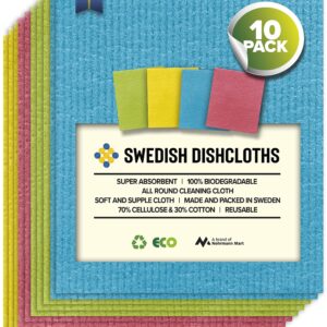 Swedish Dish Cloths - 10 Pack Absorbent, Reusable, & Washable Hand Wash Cloths for Kitchen, Dishwashing - Cellulose Sponge Dishcloth Towels - Eco-Friendly Cleaning Paper Towel Alternative