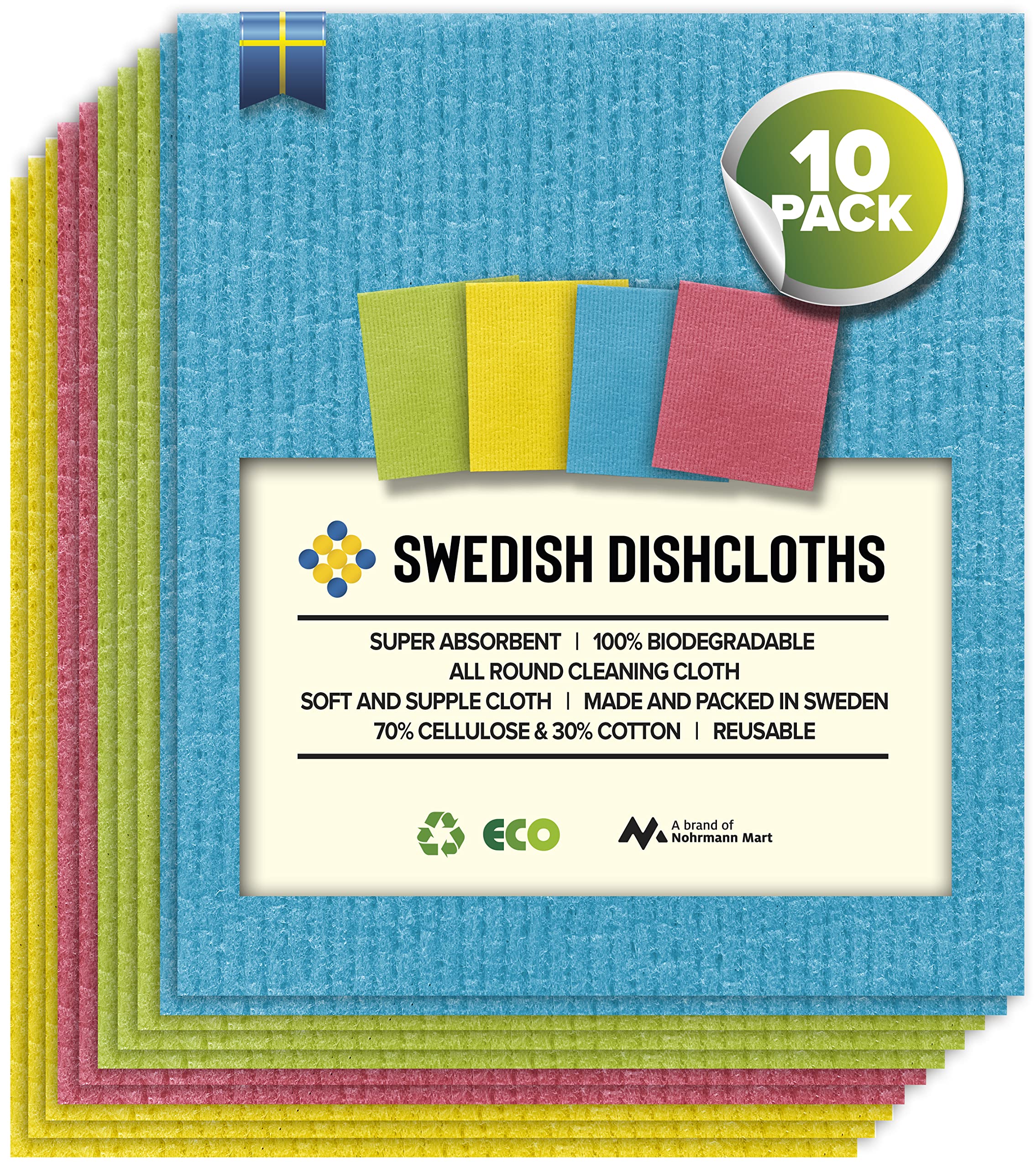 Swedish Dish Cloths - 10 Pack Absorbent, Reusable, & Washable Hand Wash Cloths for Kitchen, Dishwashing - Cellulose Sponge Dishcloth Towels - Eco-Friendly Cleaning Paper Towel Alternative