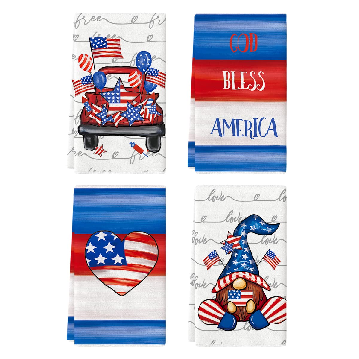 Artoid Mode Watercolor American Flag Gnome Truck 4th of July Kitchen Towels Dish Towels, 18x26 Inch Patriotic Decoration Hand Towels Set of 4