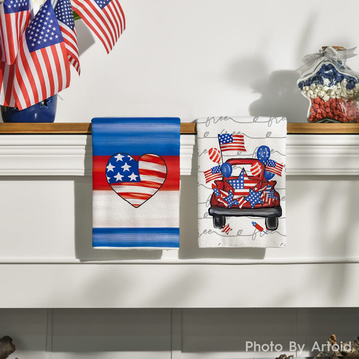 Artoid Mode Watercolor American Flag Gnome Truck 4th of July Kitchen Towels Dish Towels, 18x26 Inch Patriotic Decoration Hand Towels Set of 4