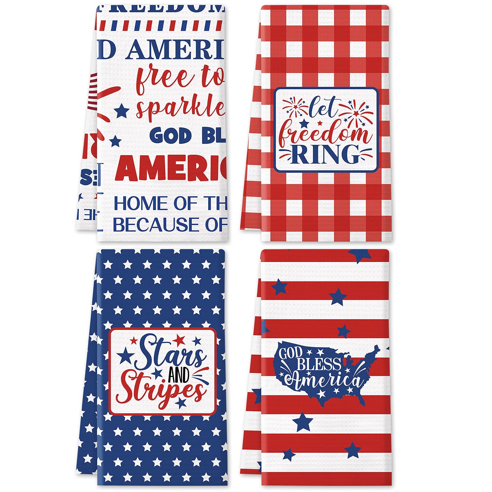 Vansolinne Independence Day Kitchen Towels Set of 4 Waffle Fabric Dish Towels White Kitchen Hand Towels Kit Novelty Gifts for Patriotic Party Decor