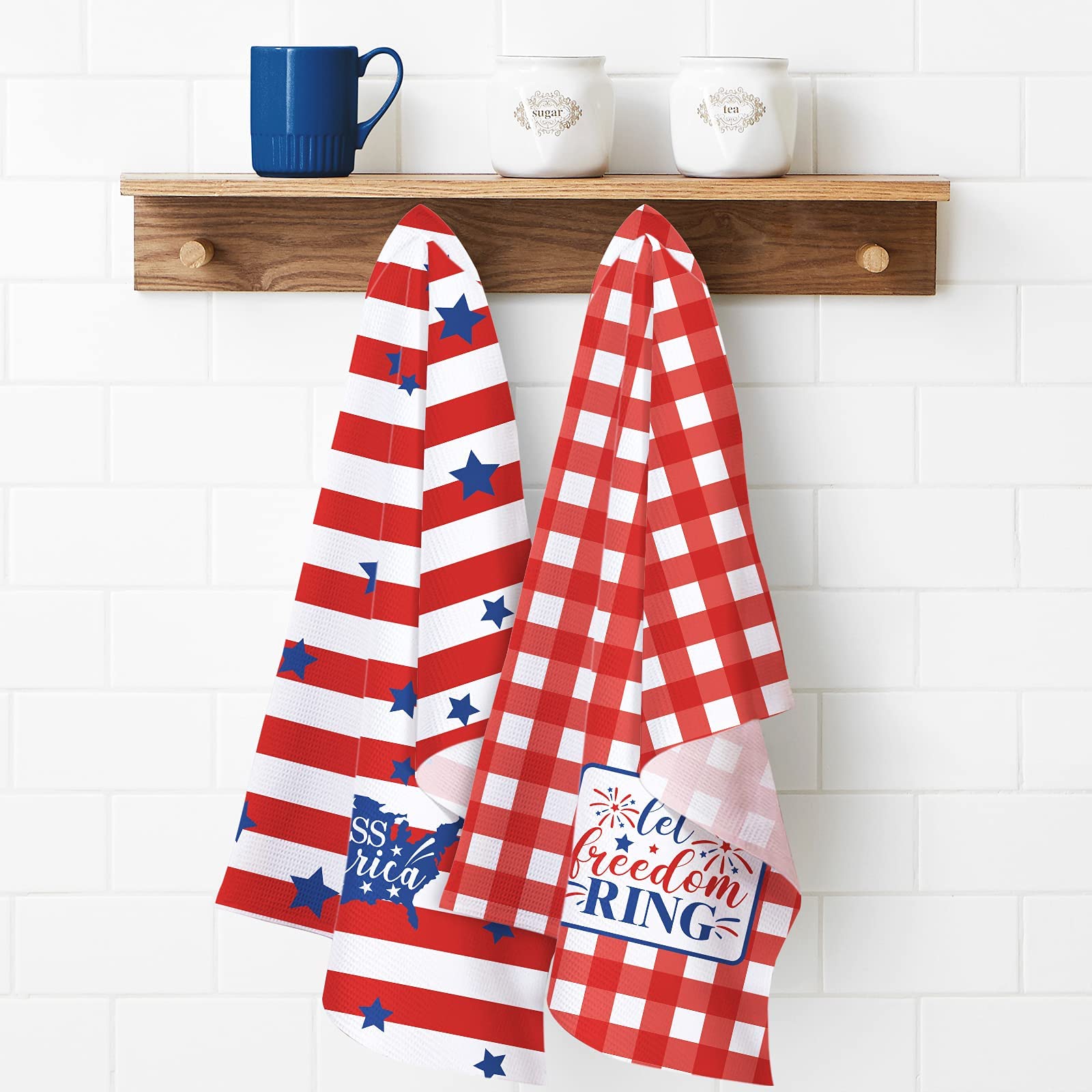 Vansolinne Independence Day Kitchen Towels Set of 4 Waffle Fabric Dish Towels White Kitchen Hand Towels Kit Novelty Gifts for Patriotic Party Decor