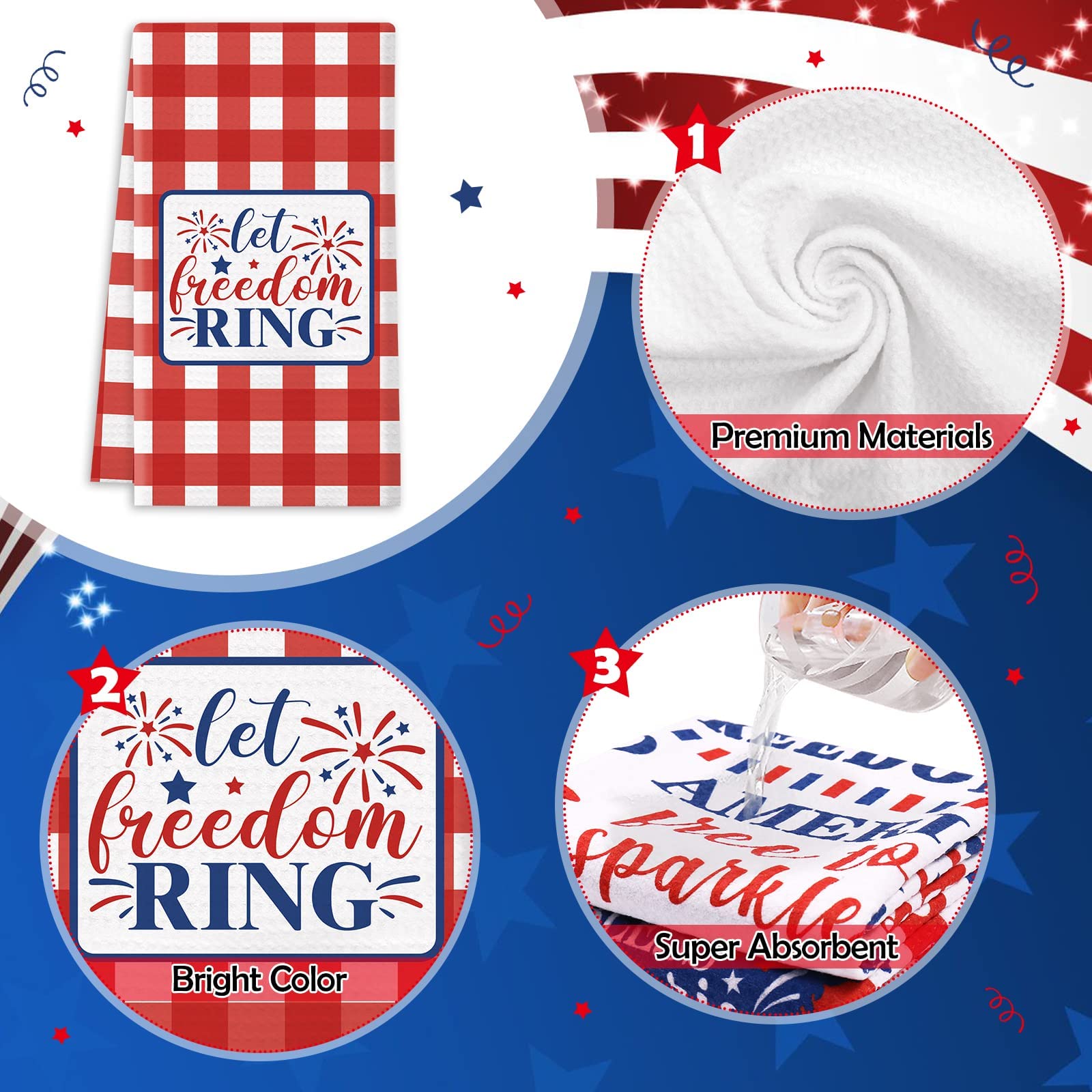 Vansolinne Independence Day Kitchen Towels Set of 4 Waffle Fabric Dish Towels White Kitchen Hand Towels Kit Novelty Gifts for Patriotic Party Decor