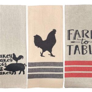 fillURbasket Farmhouse Kitchen Towels Set Farm Towels Pig Rooster Chicken Cow Towels Tan Black Dish Towels Set of 5 Cotton 16"x28"