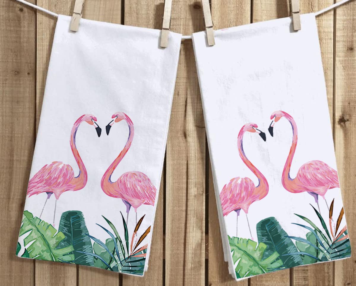 Watercolor Flamingo Kitchen Dish Towel 18 x 28 Inch Set of 2, Seasonal Summer Flamingo Tea Towels Dish Cloth for Cooking Baking