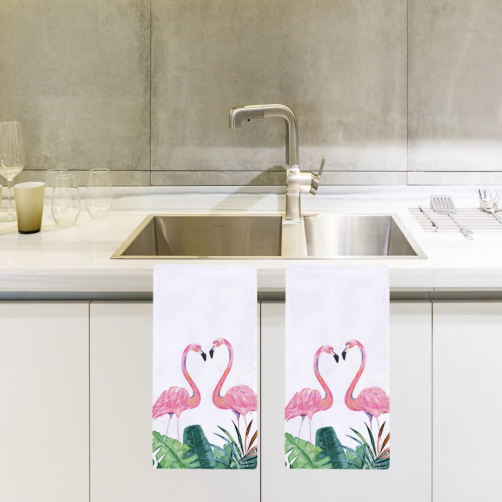 Watercolor Flamingo Kitchen Dish Towel 18 x 28 Inch Set of 2, Seasonal Summer Flamingo Tea Towels Dish Cloth for Cooking Baking