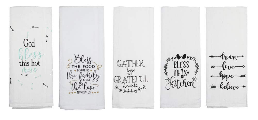 fillURbasket Cute Kitchen Towels Set, Fun Dish Towels with Sayings Faith, Blessed, Family, Love, Home & Dreams Theme, 5 Flour Sack Towels for Dish Drying Decor 16x28 Cotton