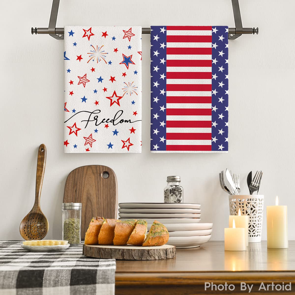 Artoid Mode Stripes Stars Freedom 4th of July Kitchen Towels Dish Towels, 18x26 Inch Patriotic Liberty Decor Hand Towels Set of 2