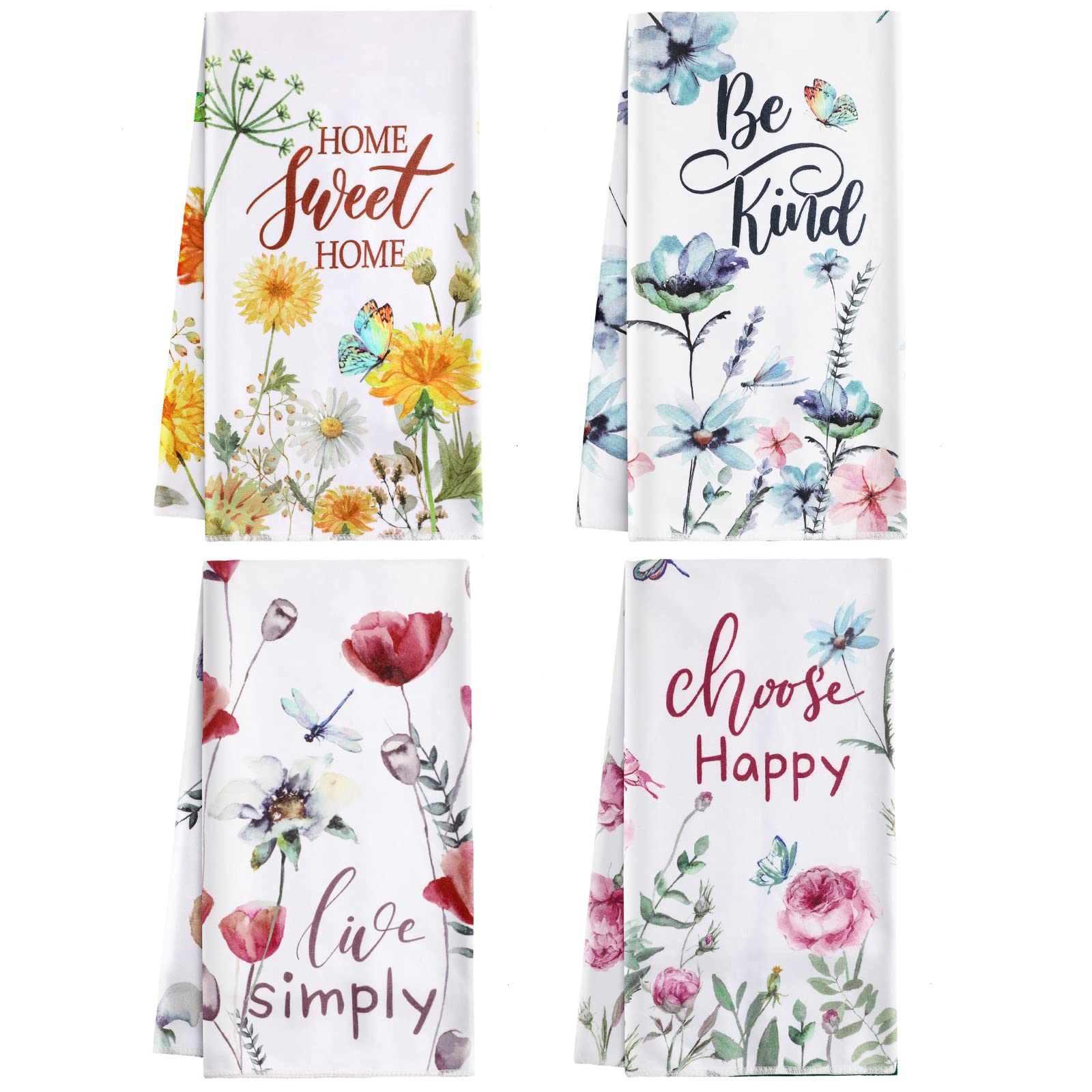 Cunhill 4 Pcs Spring Floral Kitchen Towels Decorative Dish Towels Absorbent Hand Towels Flower Terrycloth Tea Towels Reusable Towels Dishcloth Kitchen Gift for Summer Women Bathroom Home Housewarming