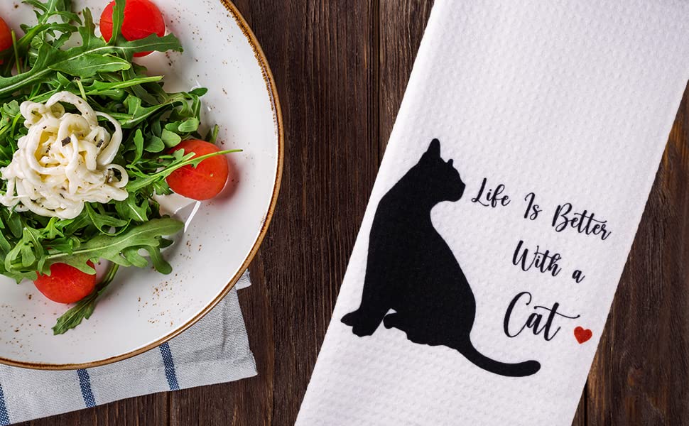 Joyriza Life is Better with A Cat – Kitchen Dish Towel Tea Towel for Cat Lovers, Housewarming Gifts for Cat Mom Cat Owner, Funny Cat Lady Gifts for Women, Gag Cat Themed Birthday Gifts for Women