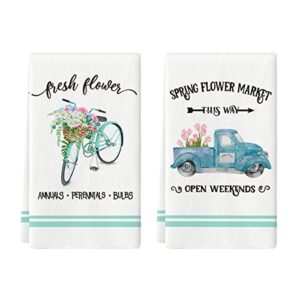 artoid mode spring flowers bicycle truck kitchen dish towels, 18 x 26 inch seasonal spring ultra absorbent drying cloth tea towels for cooking baking set of 2