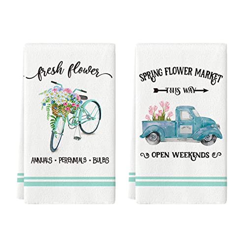 Artoid Mode Spring Flowers Bicycle Truck Kitchen Dish Towels, 18 x 26 Inch Seasonal Spring Ultra Absorbent Drying Cloth Tea Towels for Cooking Baking Set of 2