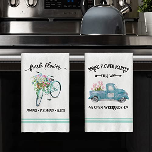 Artoid Mode Spring Flowers Bicycle Truck Kitchen Dish Towels, 18 x 26 Inch Seasonal Spring Ultra Absorbent Drying Cloth Tea Towels for Cooking Baking Set of 2