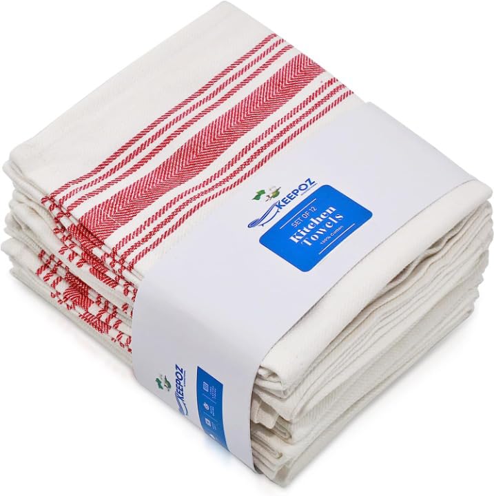 KEEPOZ Kitchen Towels, 16 x 25 Inches, 100% Ring Spun Cotton Dish Towels for Drying Dishes, Super Soft and Absorbent Tea Towels and Bar Towels Set Dish Cloths and Dish Rags for Drying (12 Pack, Red)