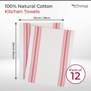 KEEPOZ Kitchen Towels, 16 x 25 Inches, 100% Ring Spun Cotton Dish Towels for Drying Dishes, Super Soft and Absorbent Tea Towels and Bar Towels Set Dish Cloths and Dish Rags for Drying (12 Pack, Red)